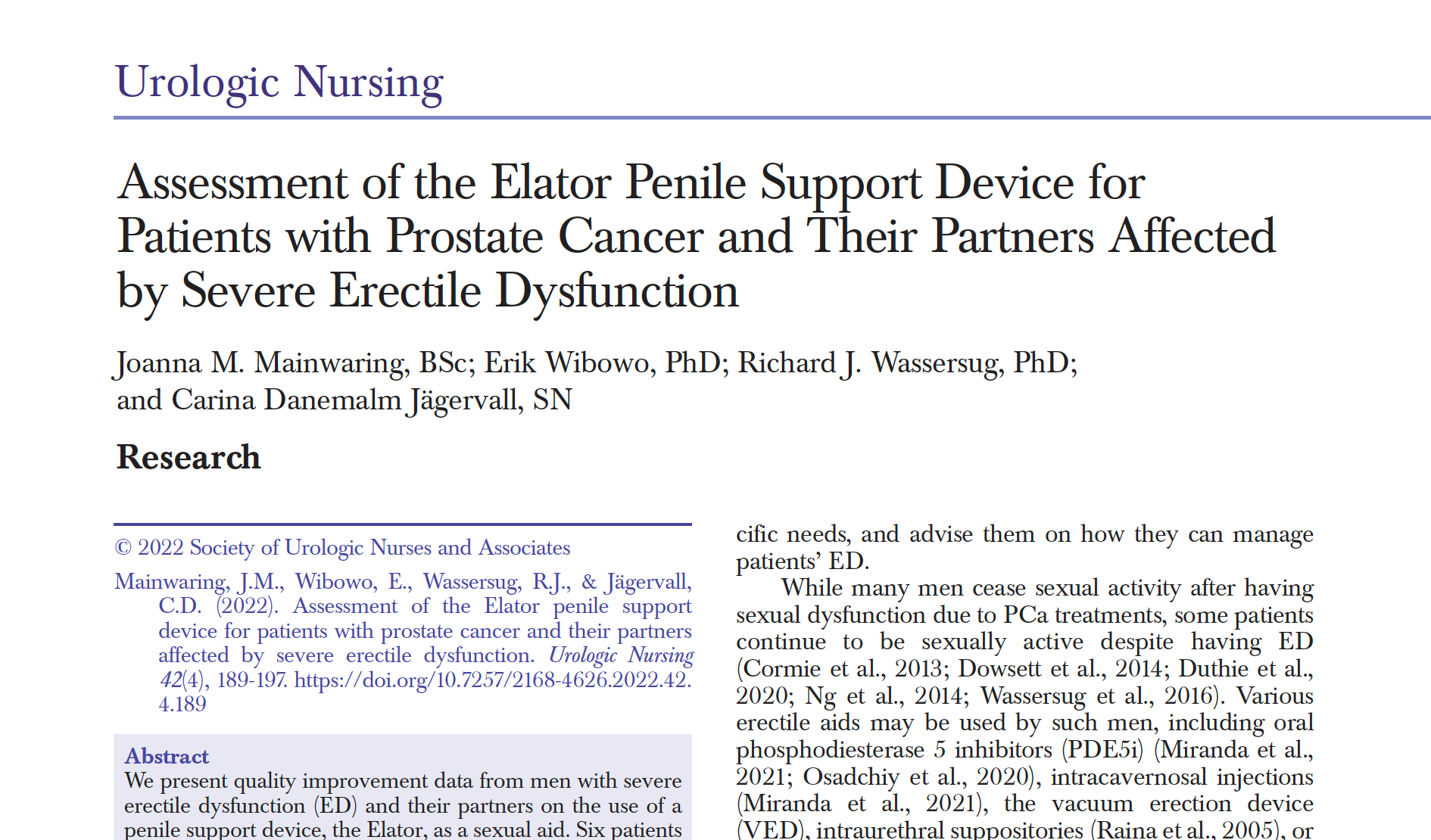 Assessment of the Elator Penile Support Device for Patients with Prost ...